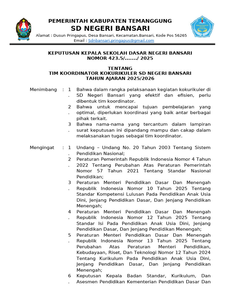 SK Koordinator Kokurikuler 2025 | PDF