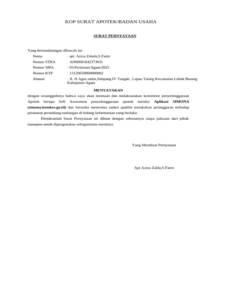Surat Pernyataan Self Asesment SIMONA | PDF
