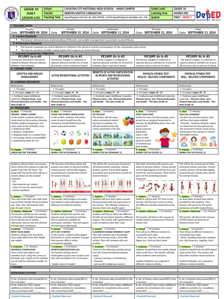 Grade 10 PE Lesson Plan: Fitness & Health | PDF | Physical Fitness ...