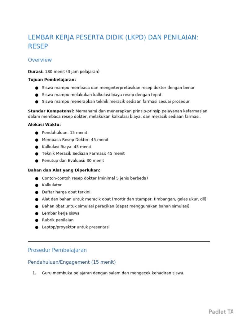 Lembar Kerja Peserta Didik (LKPD) Dan Penilaian - Resep | PDF