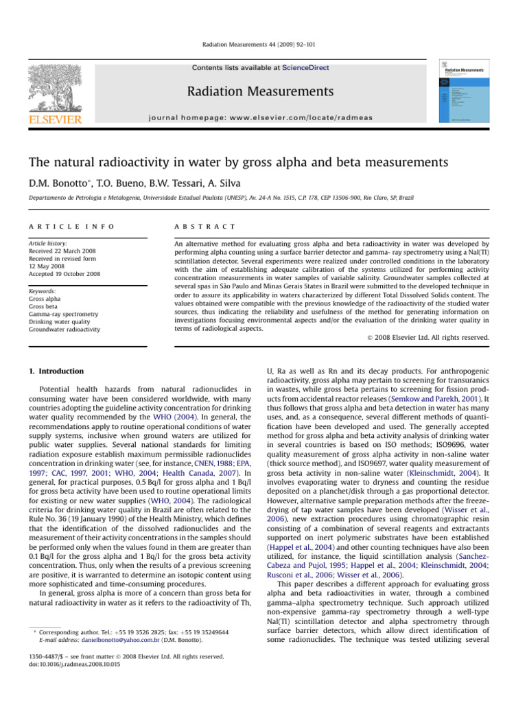 The Natural Radioactivity in Water by Gross Alpha and Beta Measurements ...
