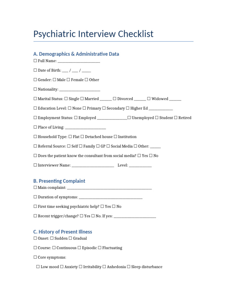 Psychiatric Interview Checklis | PDF | Disability | Mental Health
