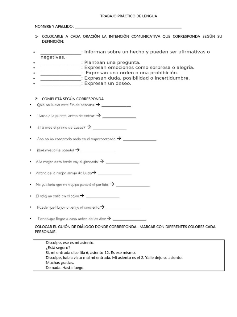 Trabajo Práctico de Lengua 5to | PDF