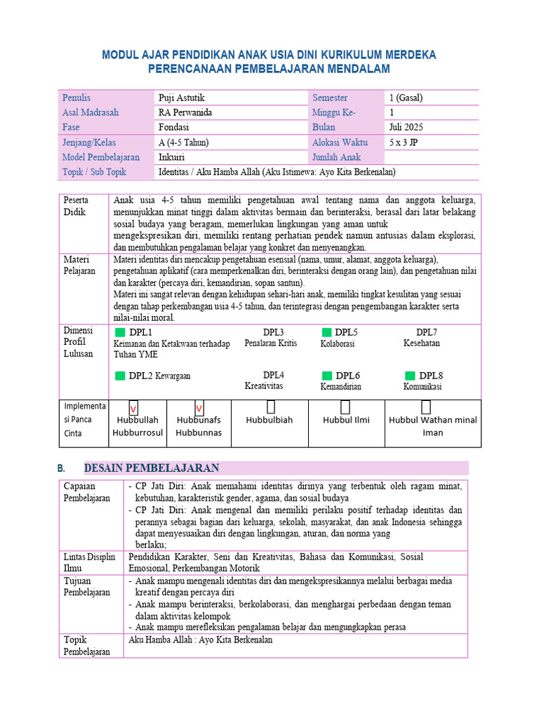 Modul Ajar PAUD: Pembelajaran Mendalam | PDF