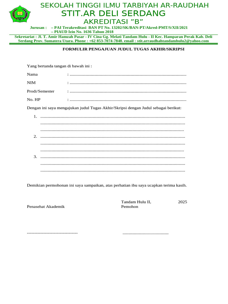 Formulir Pengajuan Skripsi STIT AR Raudhah | PDF