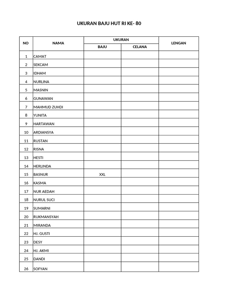 Ukuran Baju Hut Ri | PDF