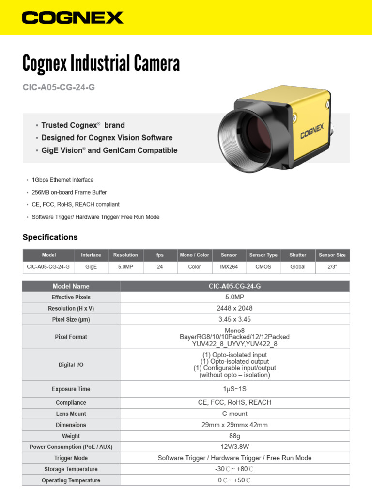 Cognex CIC-A05-CG-24-G Camera Specs | PDF | Pixel | Digital Photography