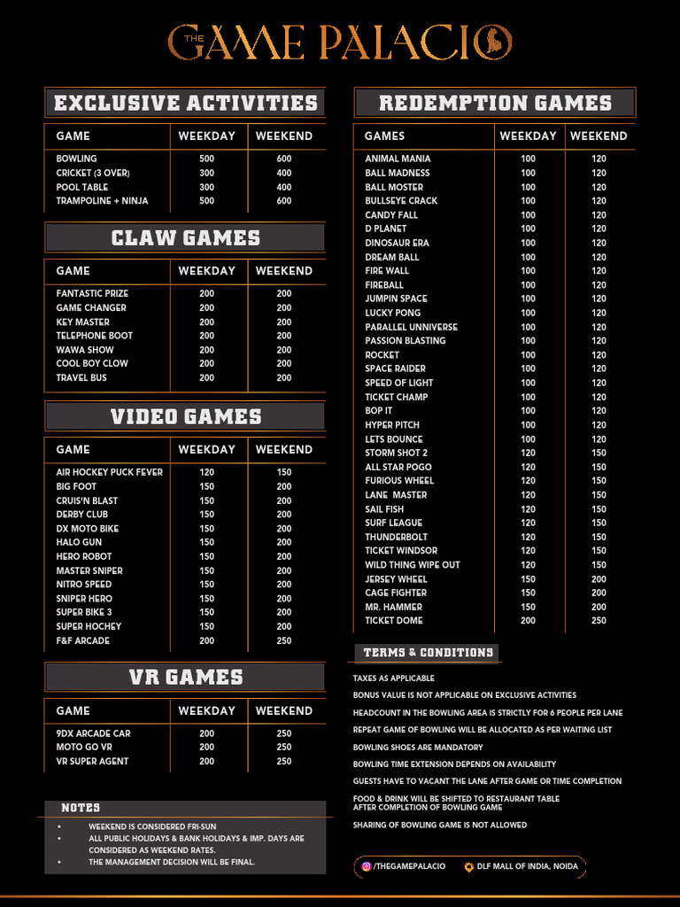 TGP Noida Games Rate Card A4 | PDF | Games Of Physical Skill | Sports