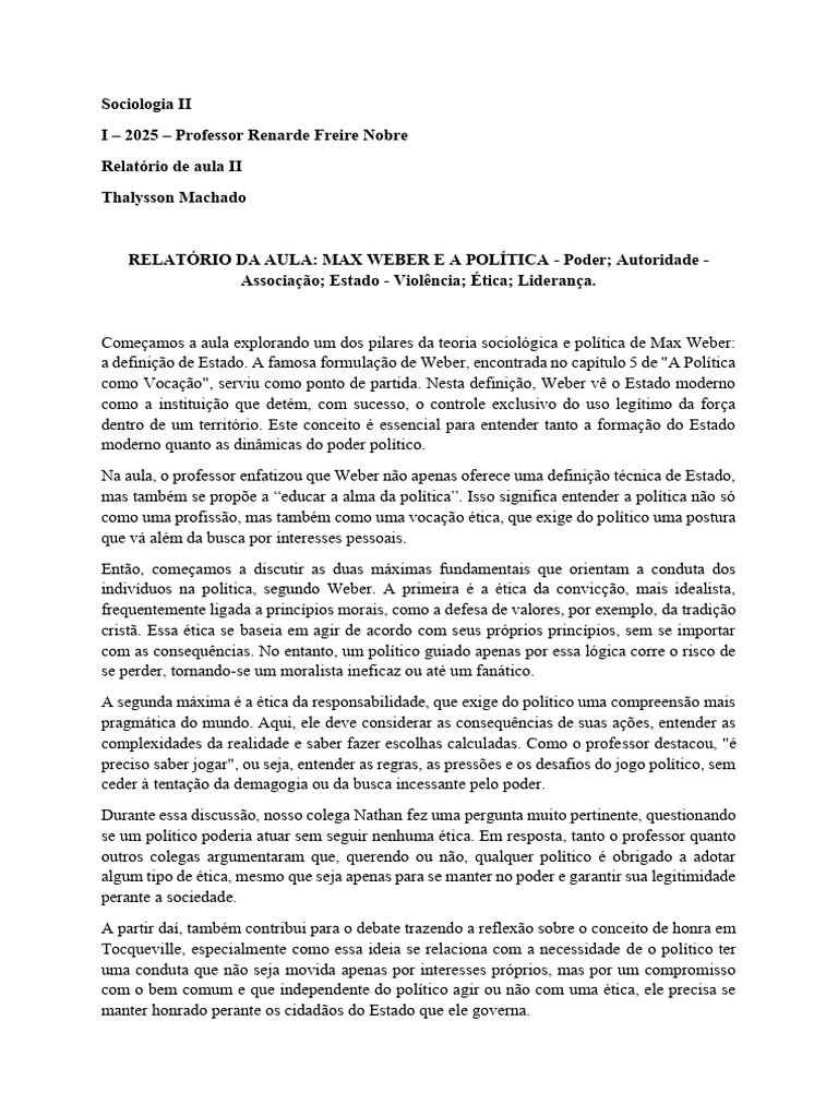 Relatorio de Aula 2 Renarde | PDF | Max Weber | Estado