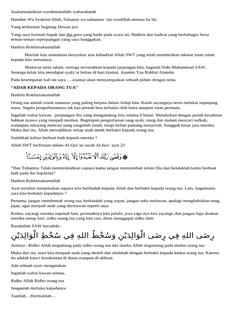 Fix Teks Pidato Adab Kepada Orang Tua-Lomba 2024 | PDF