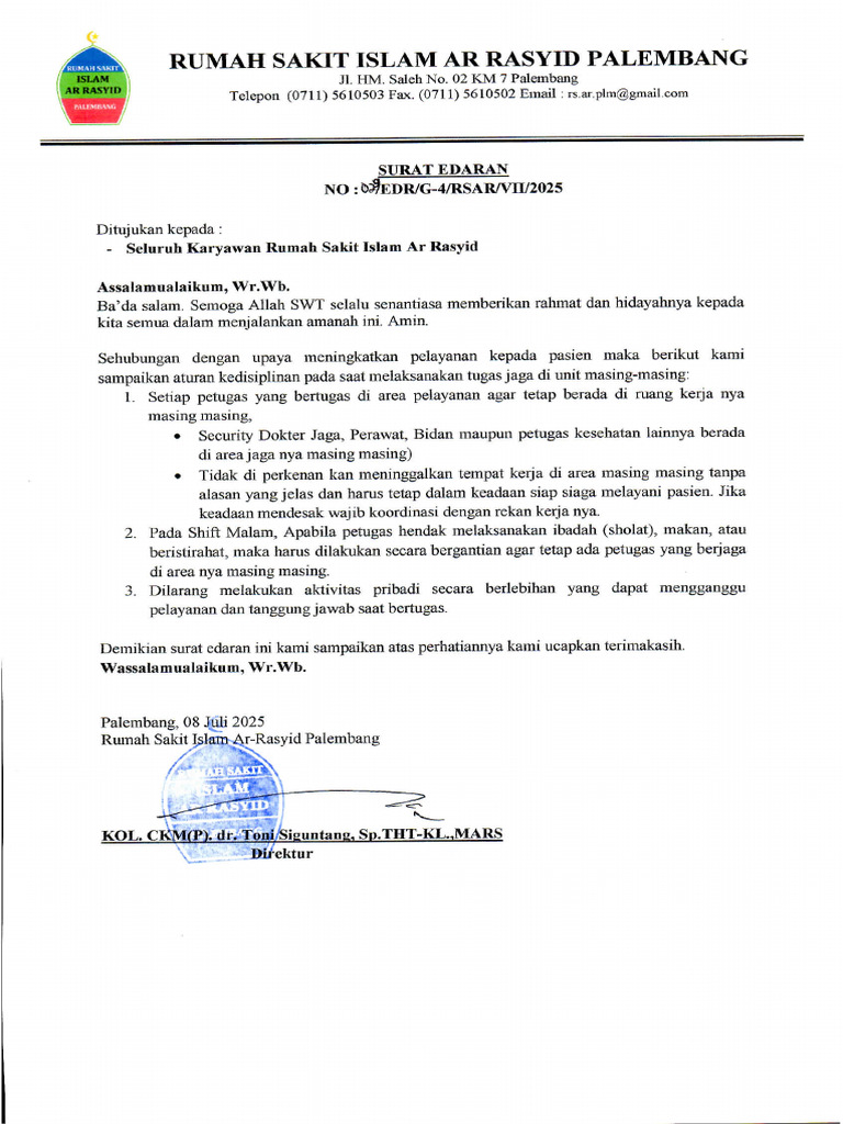 Surat Edaran Aturan Kedisiplinan Karyawan Rsi Ar Rasyid | PDF