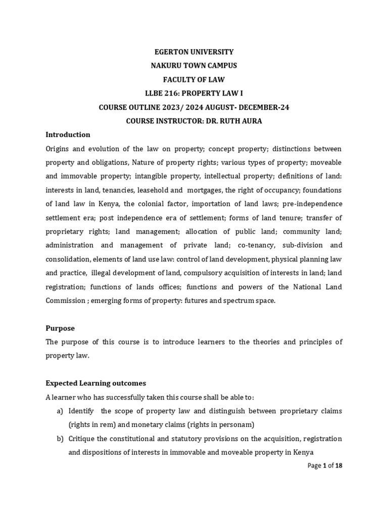 Property Law Course Outline 2023-2024 | PDF | Property | Kenya