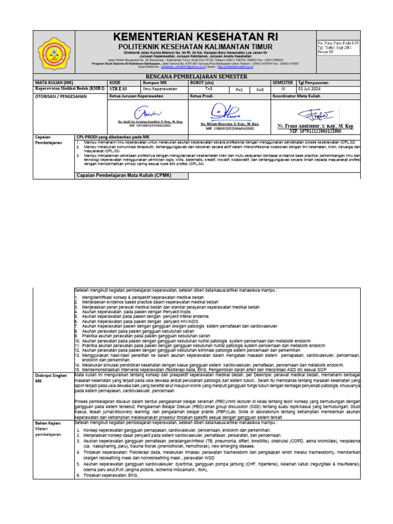 RPS Pembagian Tugas KMB I Teori STR Reguler 2024 Final | PDF