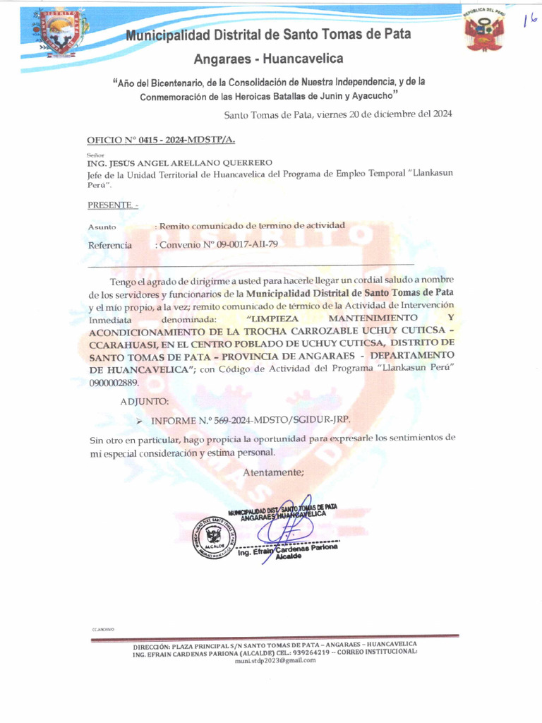 Oficio N 415 Comunico Termino Uchuy Cuticsa | PDF