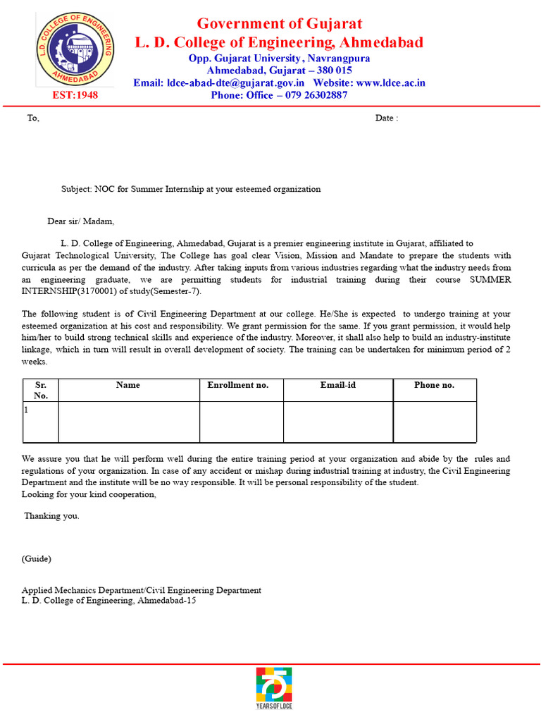 NOC for Summer Internship Request | PDF