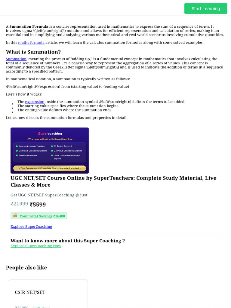 Summation Formulas - List of Formulas With Properties, Examples | PDF