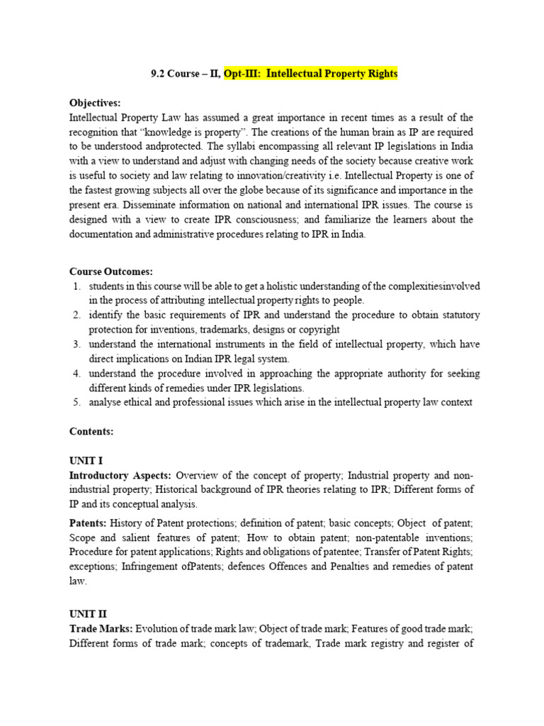 Intellectual Property Rights Course Overview | PDF | Trademark ...