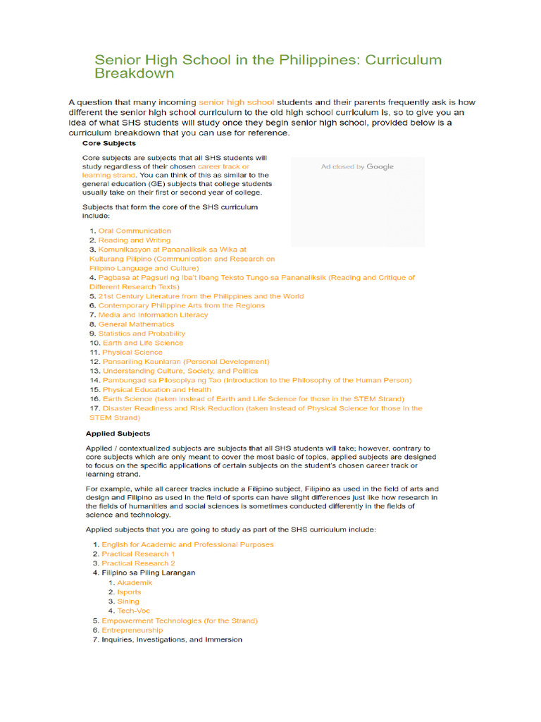 Senior High School Curriculum Breakdown | PDF