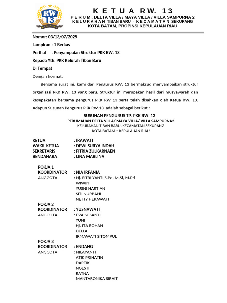 Struktur Organisasi PKK RW 13 Batam | PDF