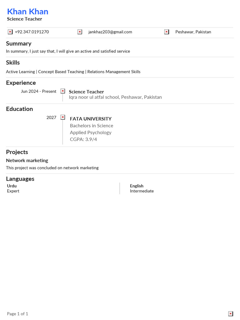 Female Teacher CV Sample - Pakistan | PDF