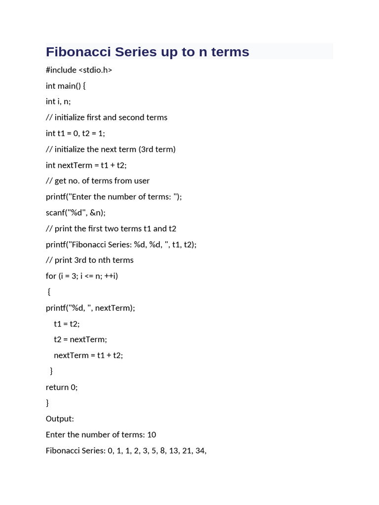Fibonacci Series Up To N Terms | PDF