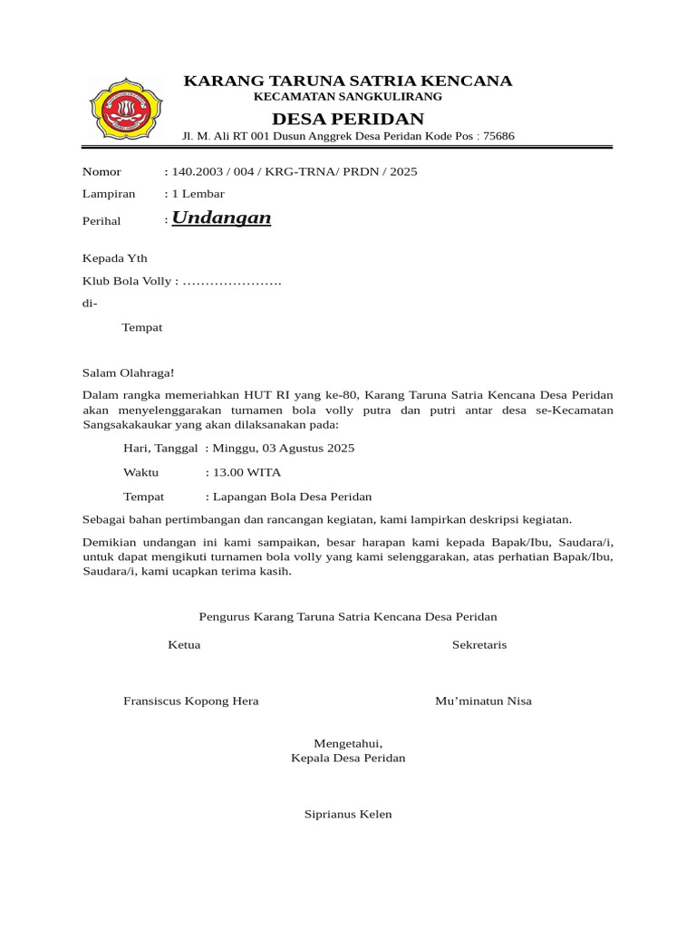 Undangan Turnamen Bola Volly Desa Peridan 2025 | PDF