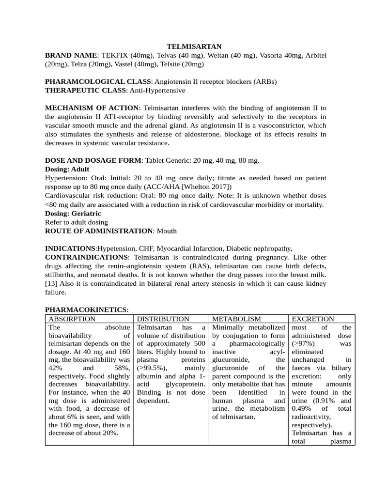 Telmisartan Overview: Uses & Dosing Guide | PDF | Angiotensin | Medical ...