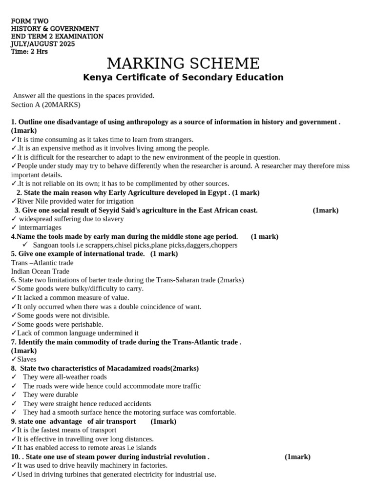 Form 2 History Exam Questions | PDF | East Africa | Kenya