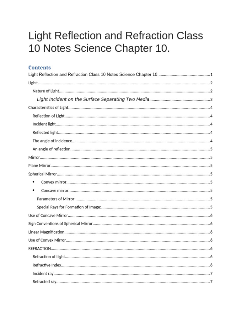 Light Reflection and Refraction Class 10 Notes Science Chapter 10 | PDF ...