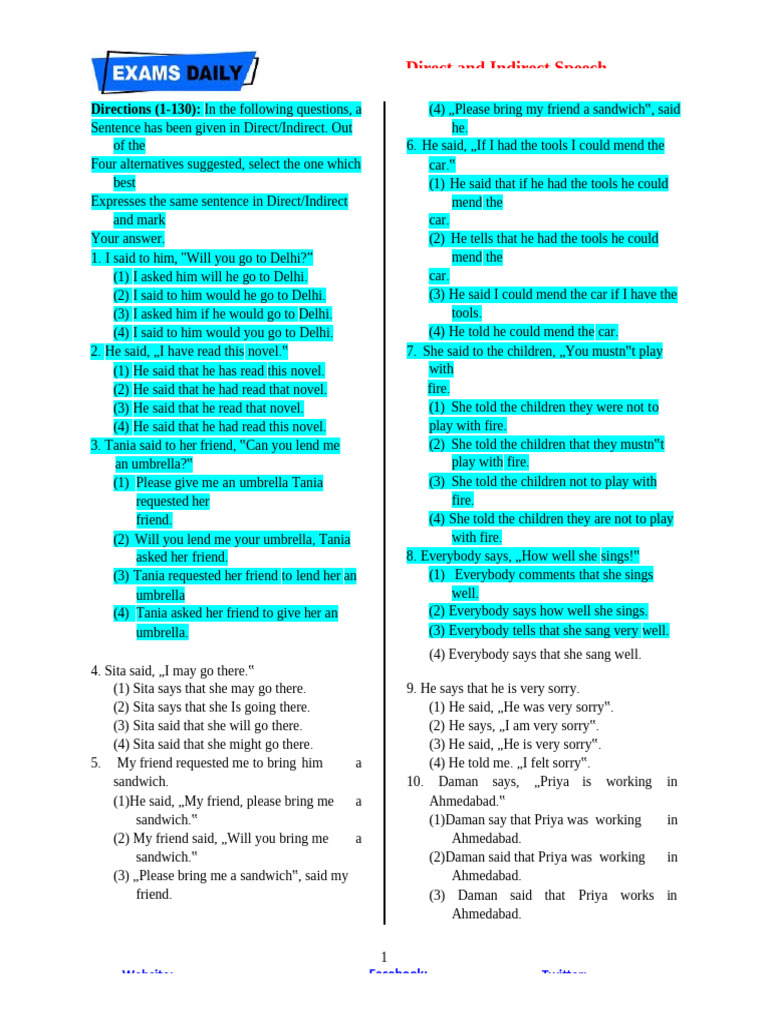 Direct And Indirect Speech Exercisesss Pdf
