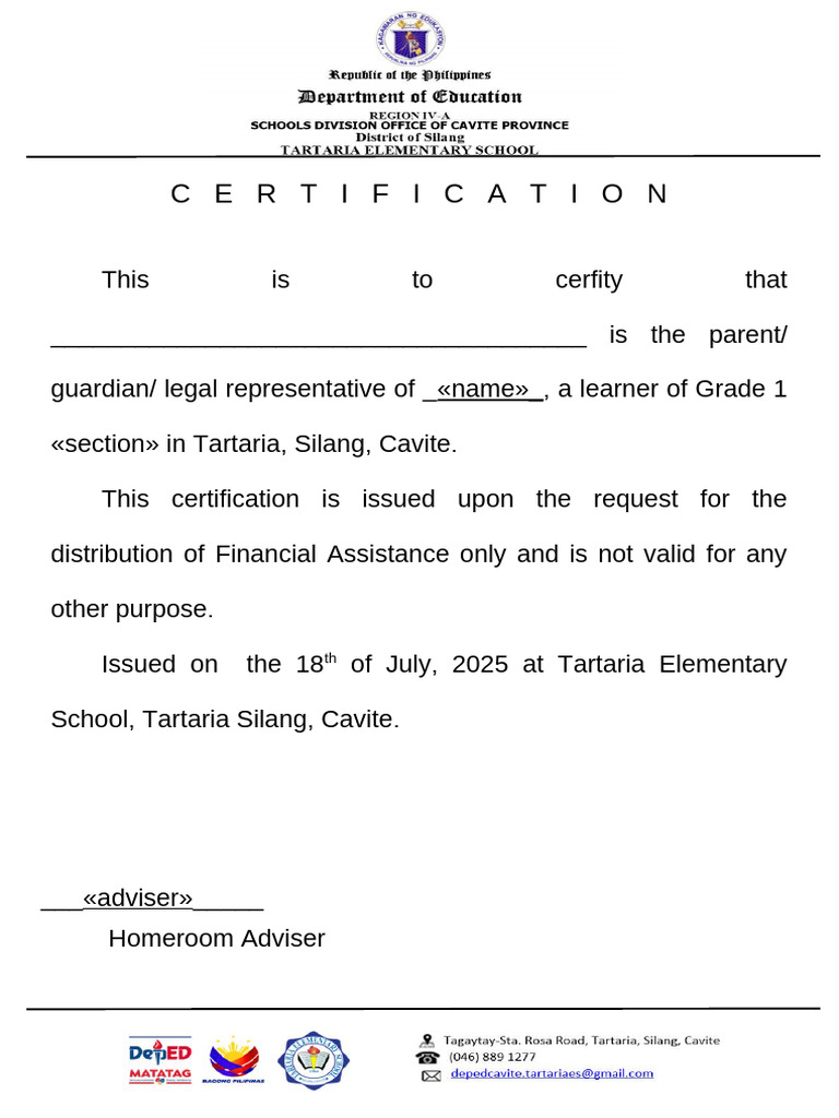 Certificate of Financial Assistance | PDF