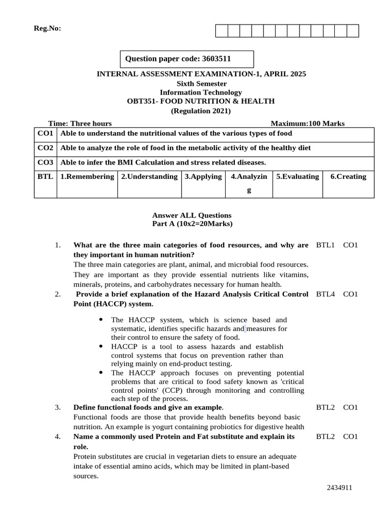 Obt351 Iae - 1 (03.04.25) - Ans Key | PDF | Foods | Nutrition