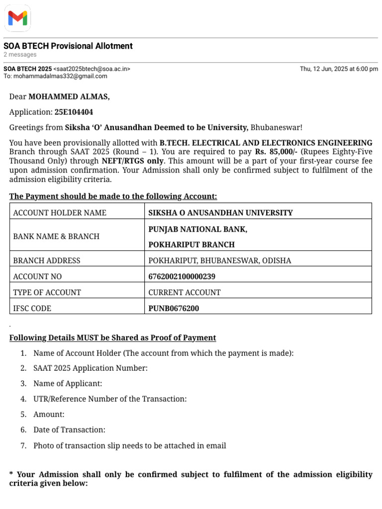Gmail - SOA BTECH Provisional Allotment | PDF
