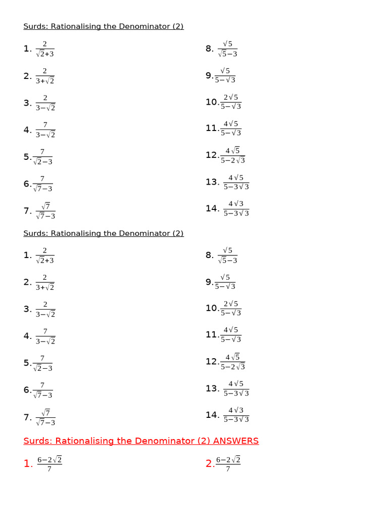 Rationalising Surds Worksheet Answers | PDF | Chess Theory | Chess