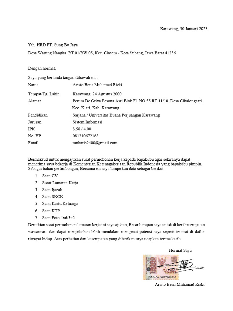 Surat Lamaran Kerja Aristo Bena Muhamad Rizki | PDF