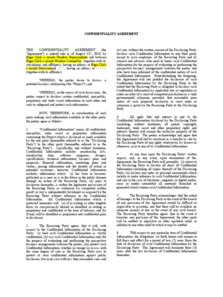 Modelo de NDA (English) | PDF | Confidentiality | Non Disclosure Agreement