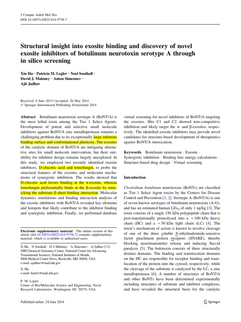 Exosite Inhibitors of Botulinum Neurotoxin | PDF | Active Site | Enzyme ...