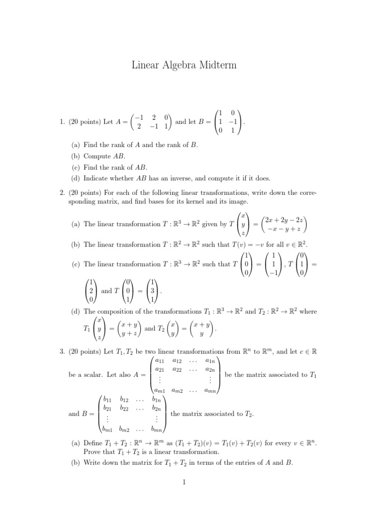 Lin Alg Summer 2022 Midterm | PDF | Linear Map | Matrix (Mathematics)