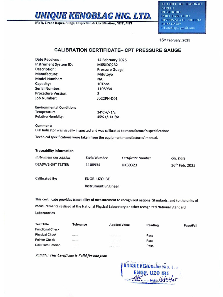Calibration Certificate For CPT Pressure Gauge | PDF