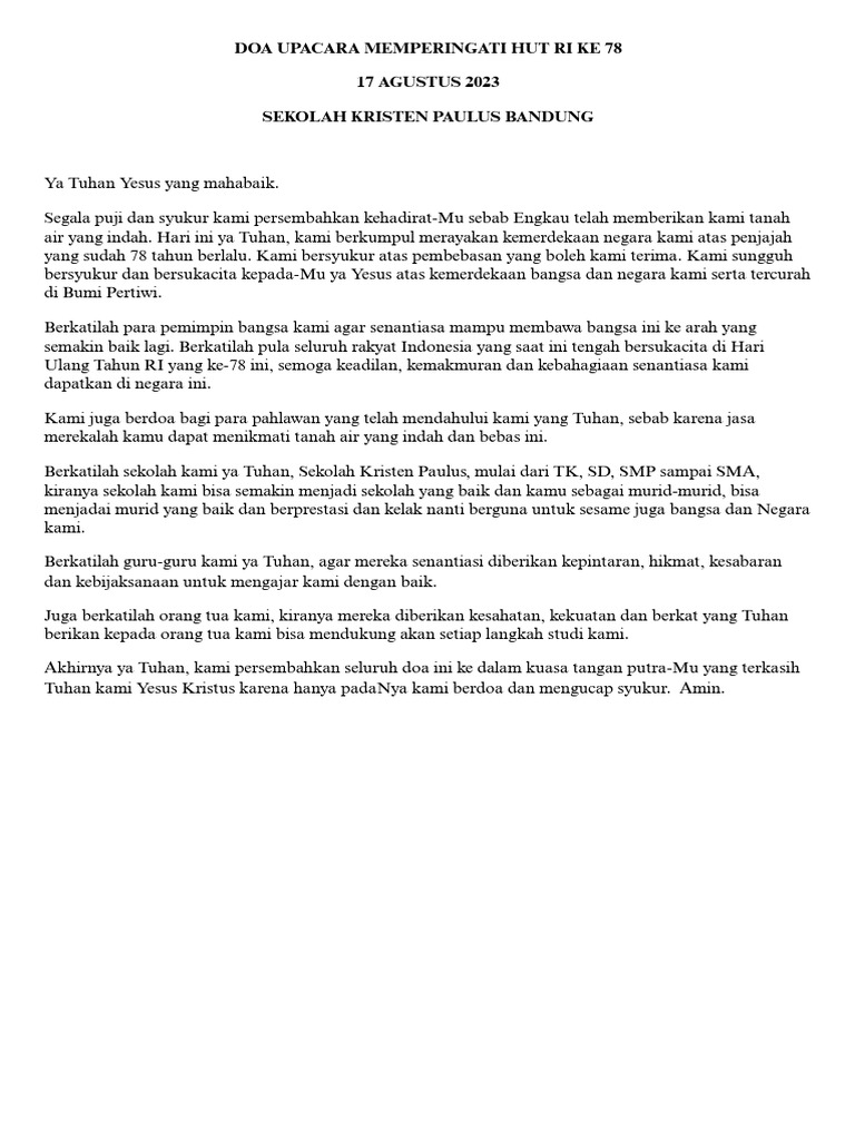 Doa Upacara Memperingati Hut Ri Ke 78.Docx | PDF