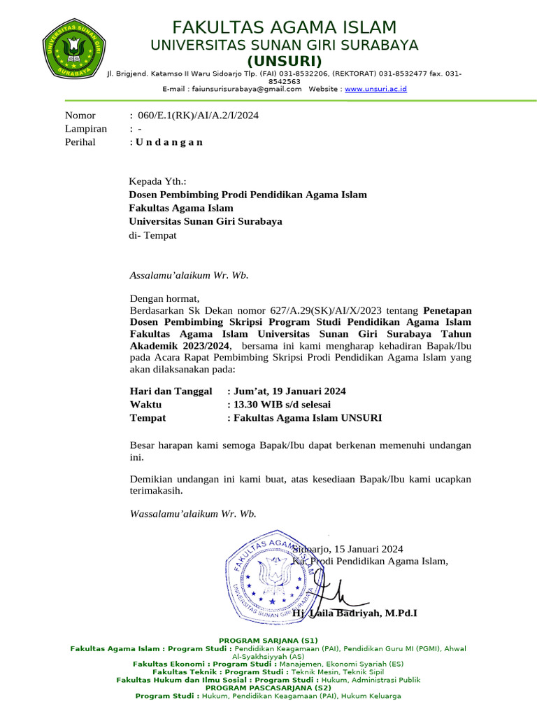 060 Undangan Rapat Pembimbing Prodi PAI | PDF