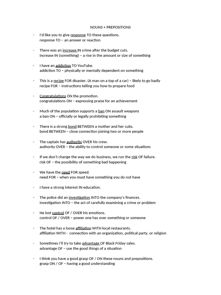 Nouns with Prepositions Explained | PDF