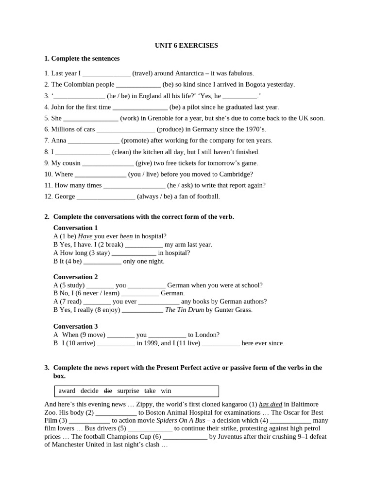 Intermediate Unit 6 Exercises | PDF