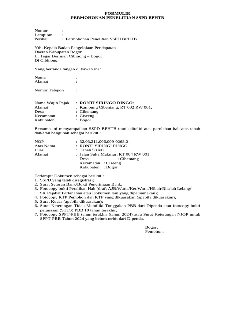 Permohonan Penelitian SSPD BPHTB | PDF