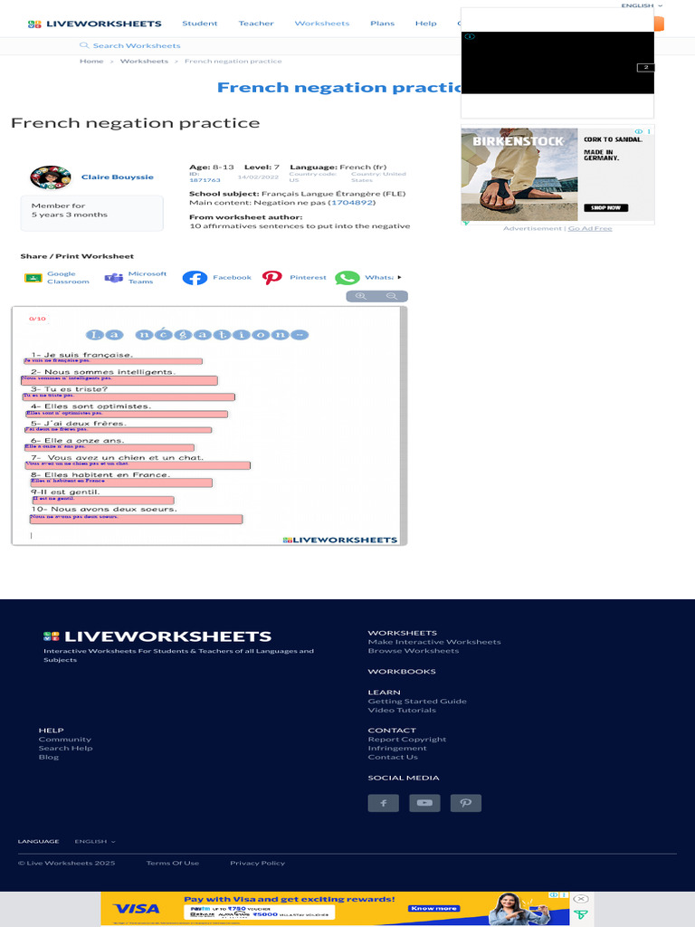 French Negation Free Interactive Worksheets 1871763 | PDF