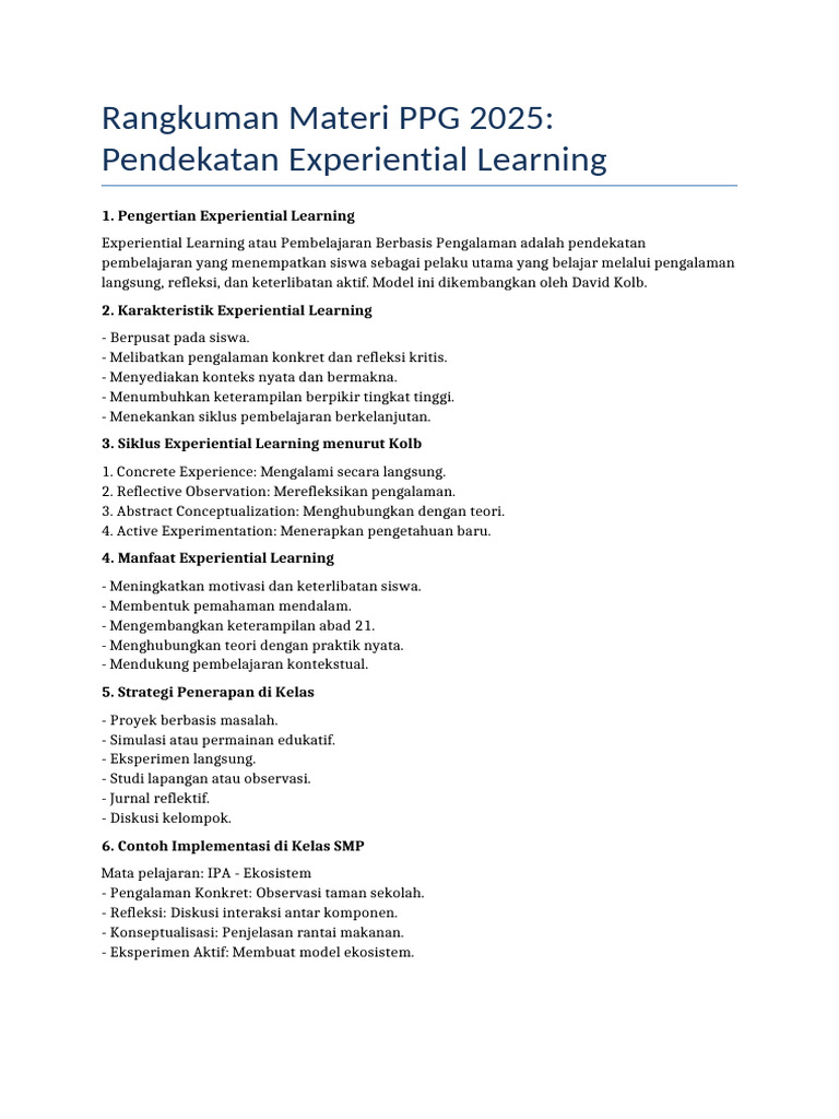 Rangkuman Experiential Learning PPG 2025 | PDF