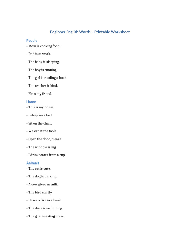 Beginner English Words Worksheet | PDF