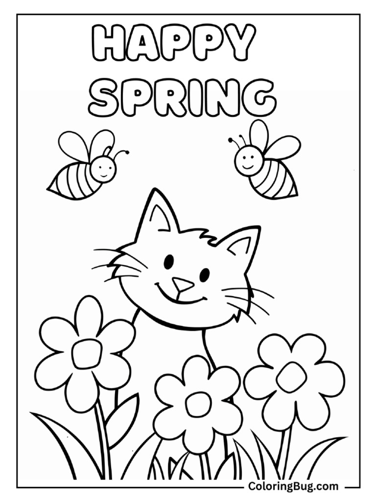 Cat With Bees and Flowers Coloring Sheet 1 | PDF