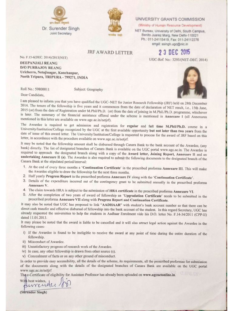 JRF Award Letter | PDF