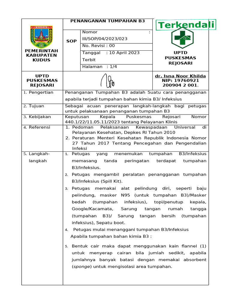 SOP Penanganan Tumpahan B3 | PDF
